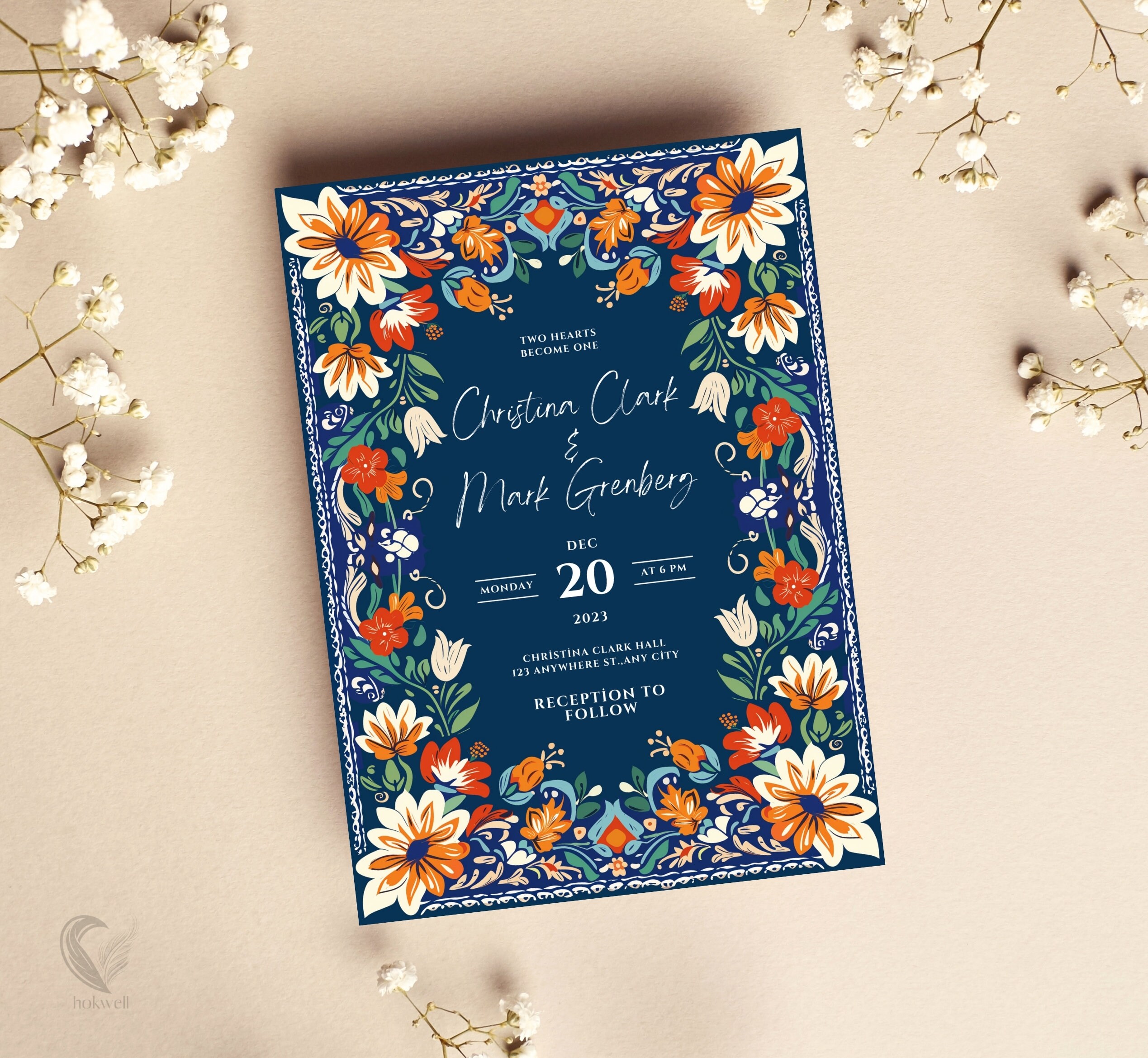 5x7 Talavera Floral Wedding Invitation Template, Blue & Orange Digital ...