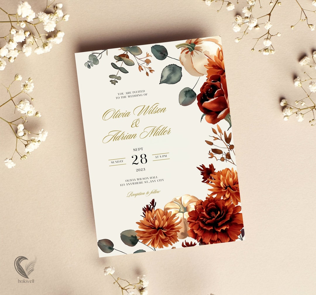 Autumn Wedding Invitation, Fall Floral Invites, Burgundy and Orange ...