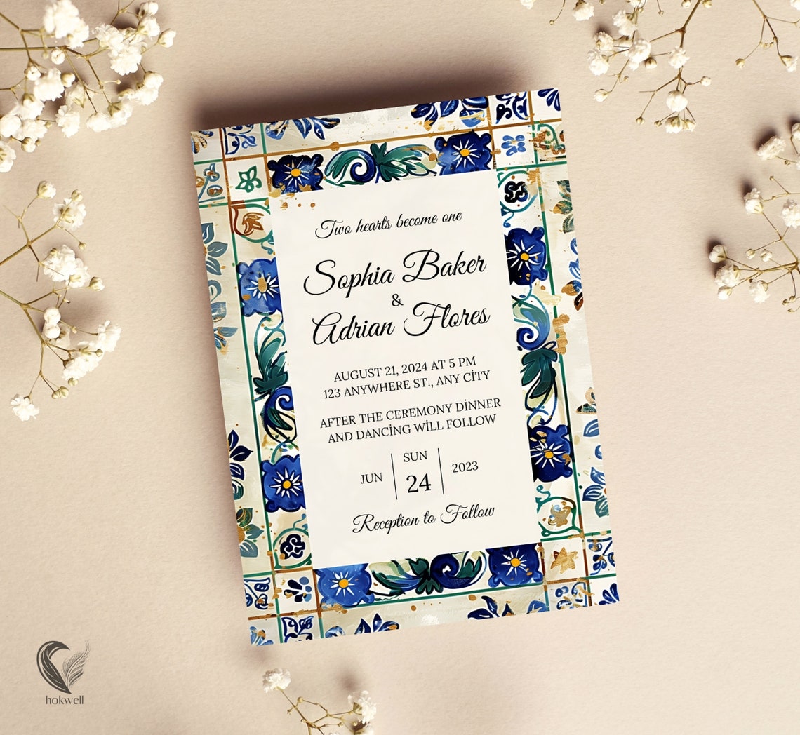 Mexican Wedding Invitation, Talavera Tile Design, Blue and Green Fiesta ...