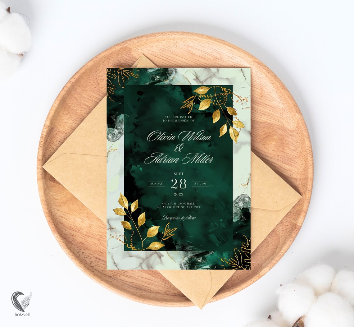 Emerald Green Wedding Invitation: Gold Foil Floral Marble Design ...