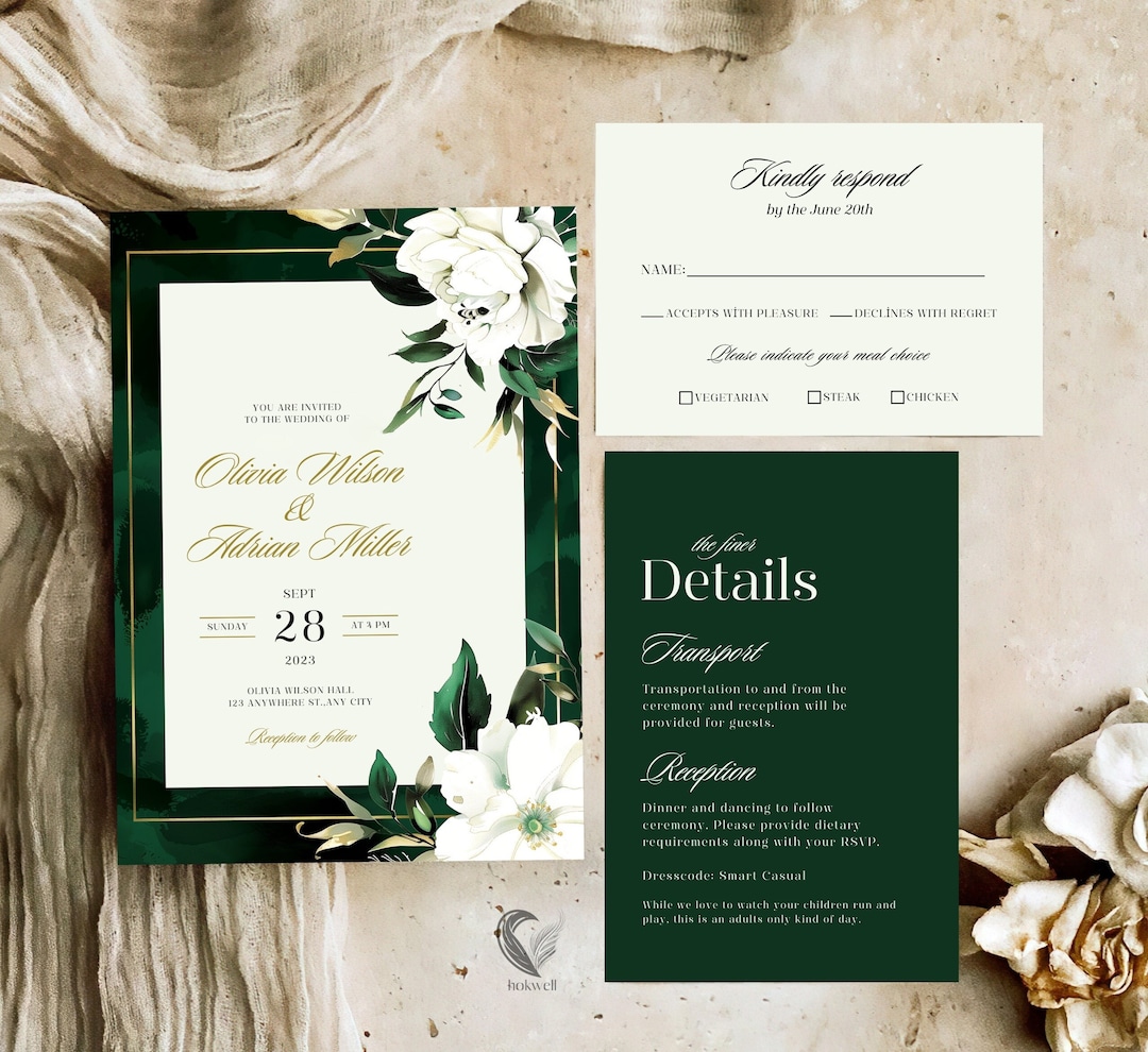 Emerald Green Floral Wedding Invitation, White Flower Invite, Dark ...