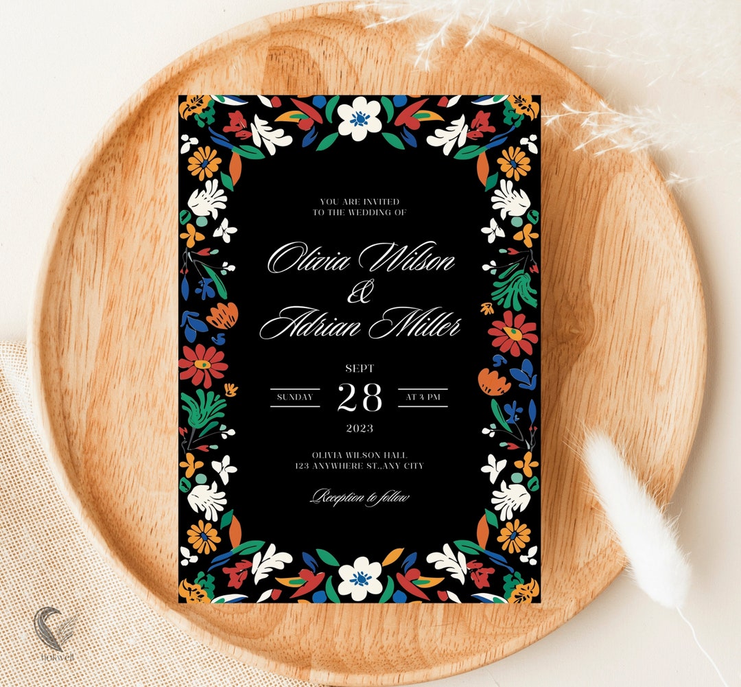 Mexican Wedding Invitation, Talavera Tile Floral Invites, Black and ...
