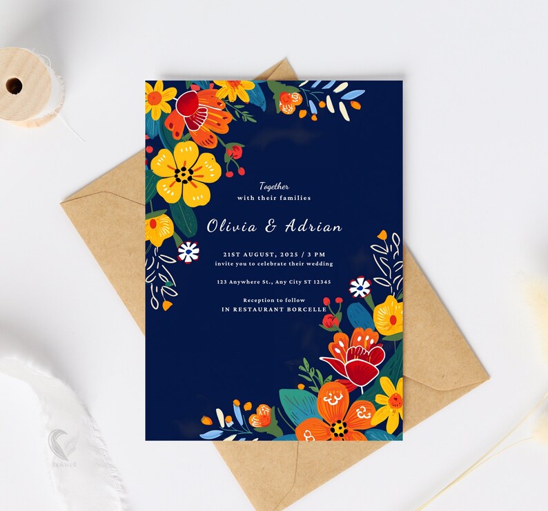Blue Mexican Talavera Invitation Template, 5x7 Floral Printable Wedding ...