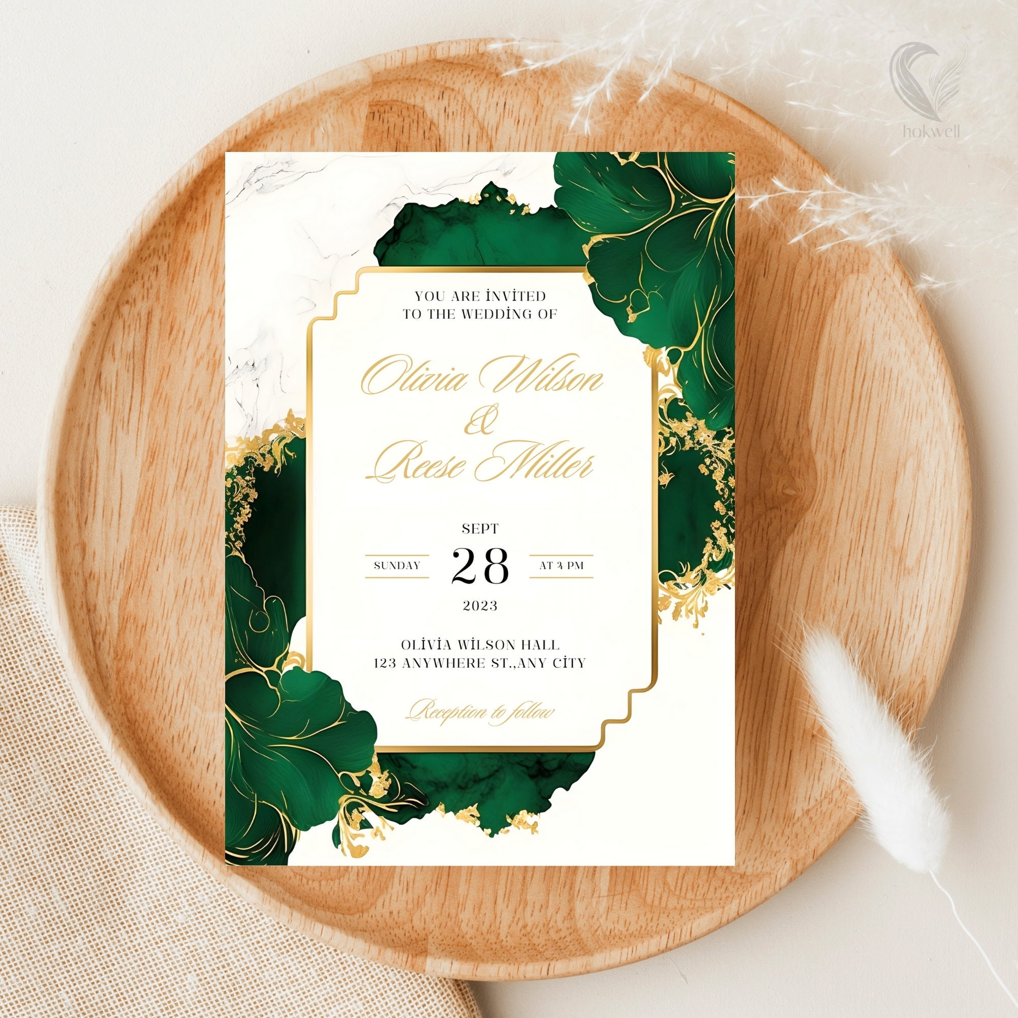 Emerald Green and Gold Wedding Invitations Template Greenery Floral 5 X ...