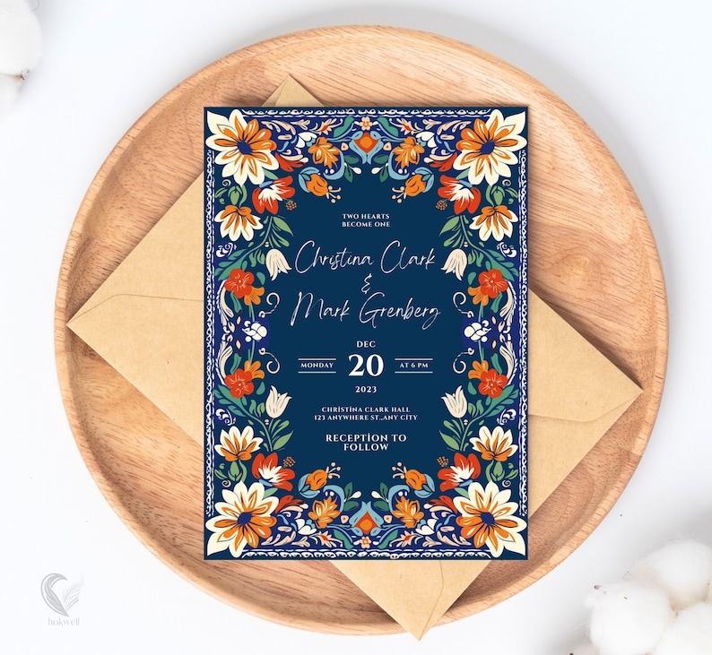 5x7 Talavera Floral Wedding Invitation Template, Blue & Orange Digital ...
