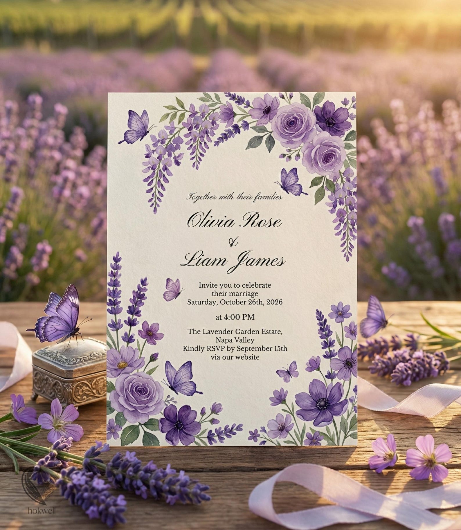 Luxury Lavender Garden Wedding Invitation, Royal Purple Floral Wedding ...
