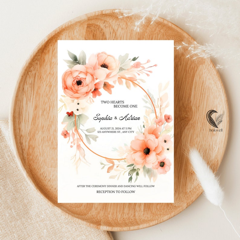 Peach Wedding Invitation Template | Blush Floral Invite Design Coral ...