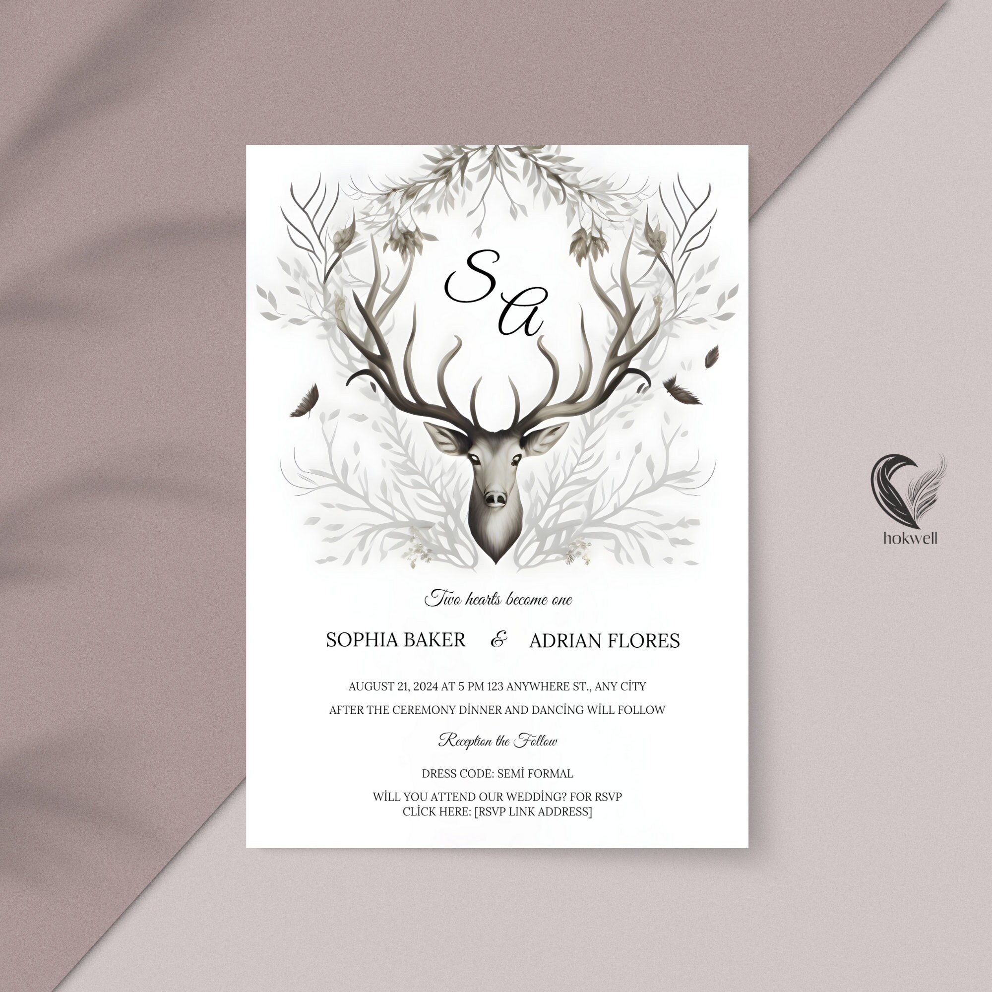 Deer Antler Wedding Invitations Template: Boho Floral Design - Etsy