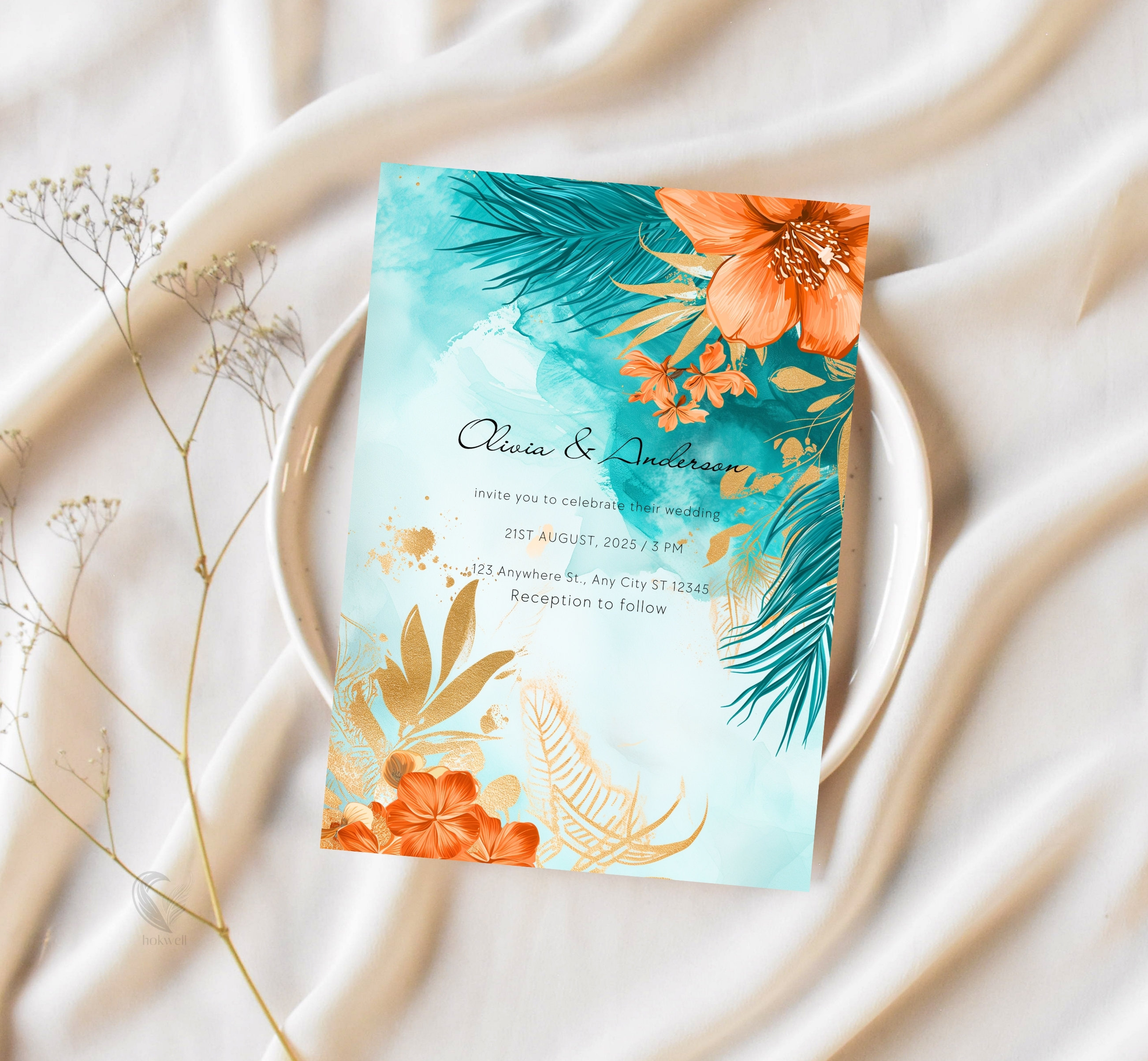 Tropical Teal & Coral Floral Wedding Invite, Editable 5x7 Invitation ...