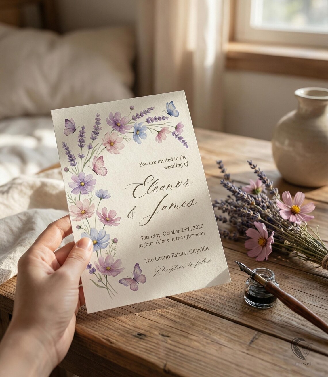 Invito di nozze con fiori di campo viola pastello, invito floreale con ...
