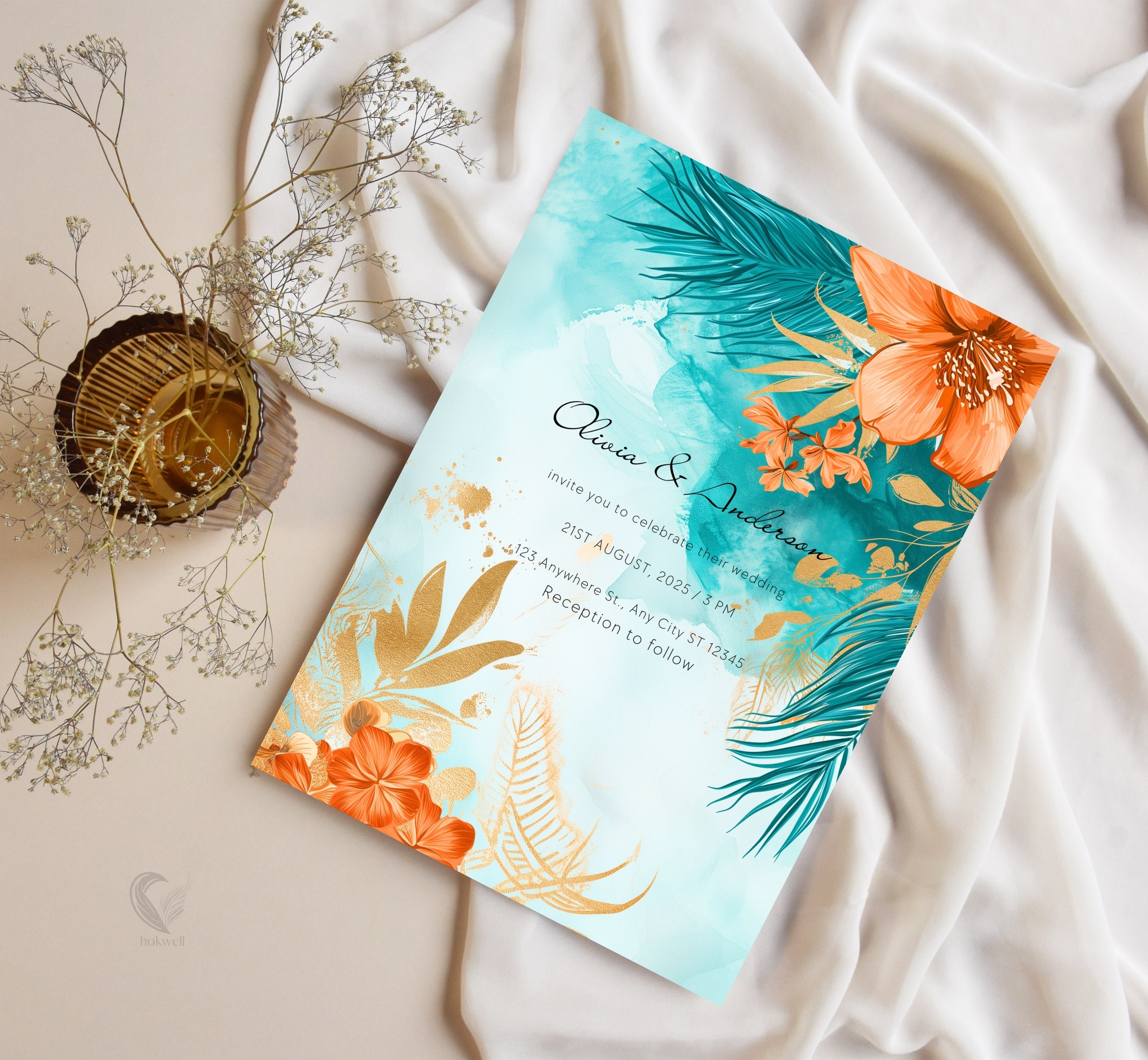 Tropical Teal & Coral Floral Wedding Invite, Editable 5x7 Invitation ...