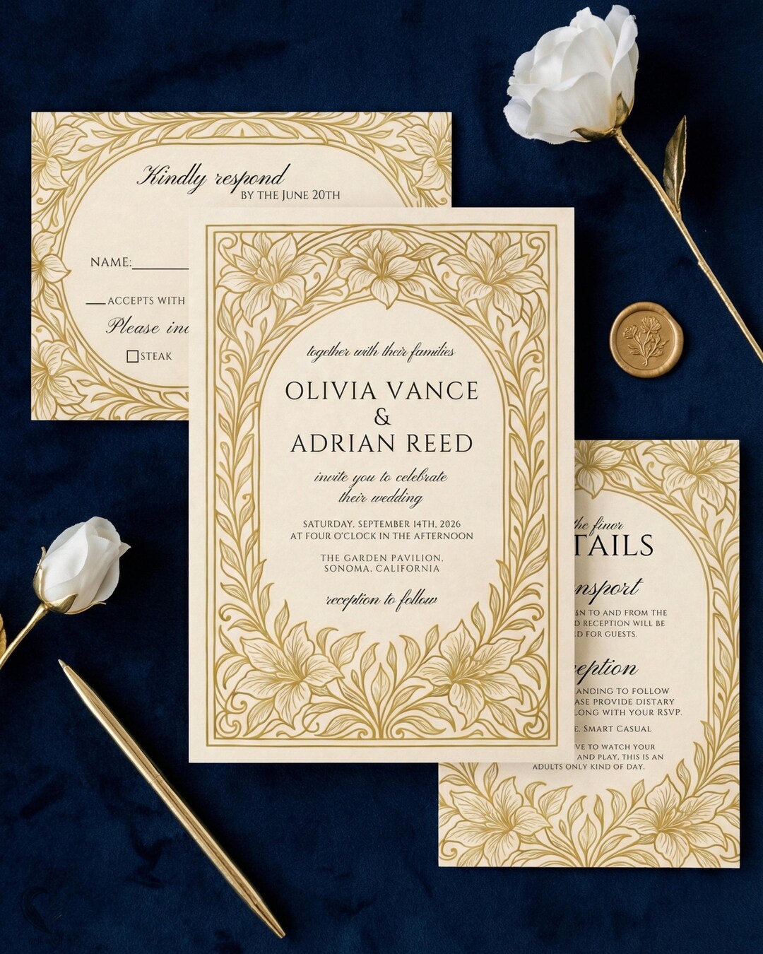 Gold Floral Wedding Invitation Template, Elegant Art Nouveau Wedding ...