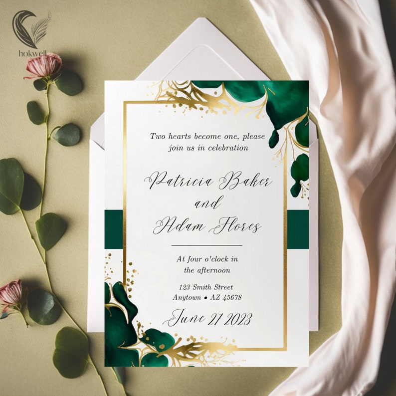 Emerald Green and Golden Yellow Wedding Invitation Template - Etsy