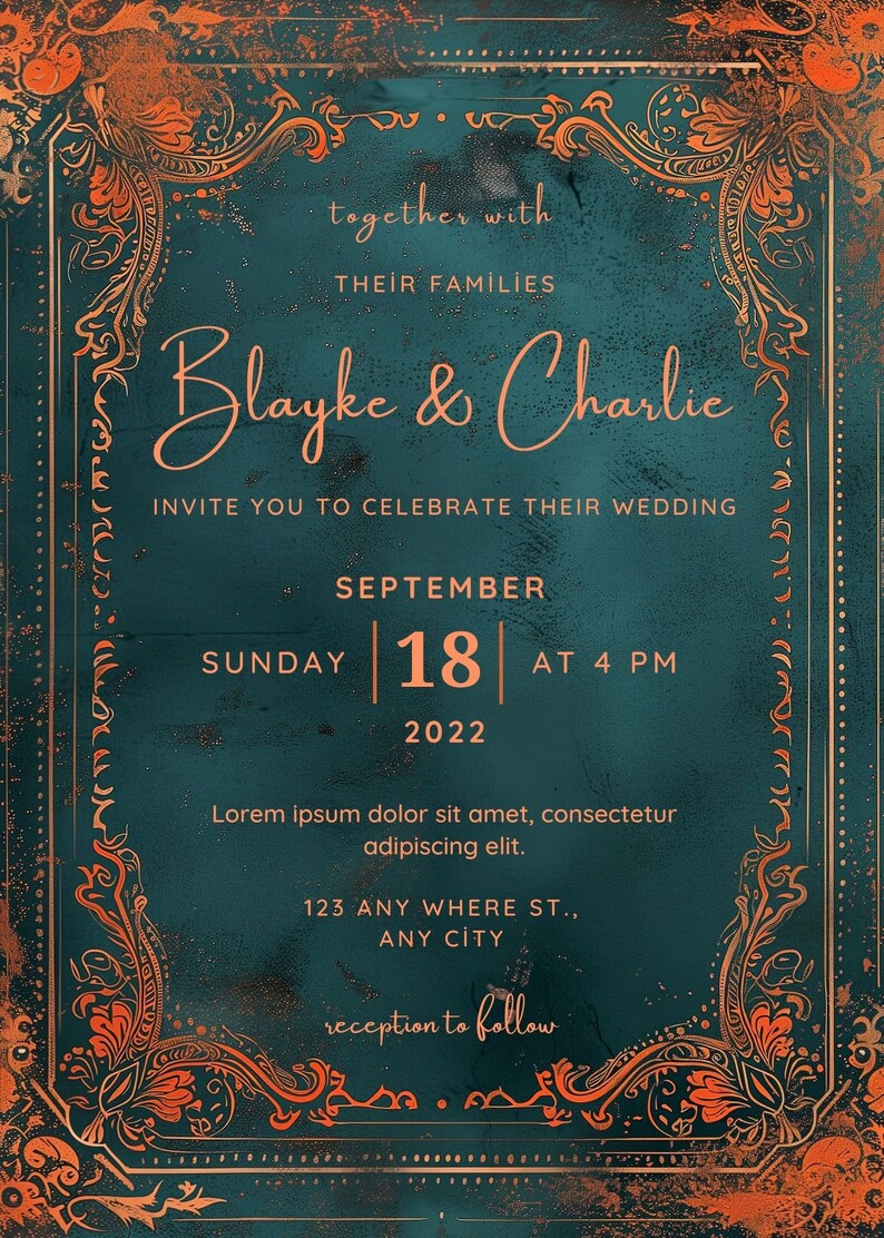 Teal & Burnt Orange Boho Wedding Invite, 5x7 Ornate Floral Digital ...