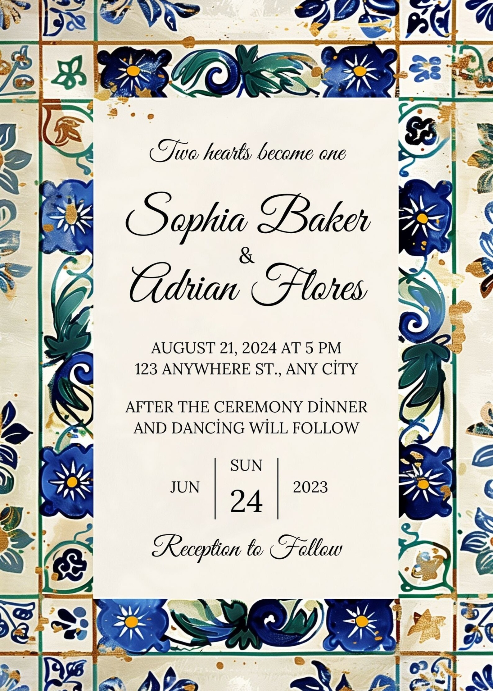 Mexican Wedding Invitation, Talavera Tile Design, Blue and Green Fiesta ...