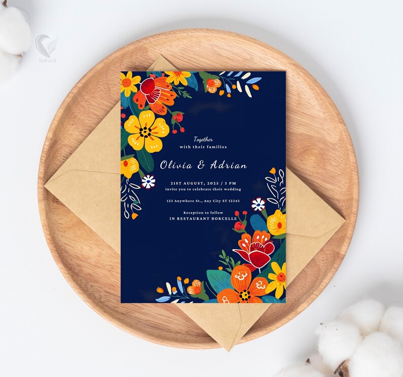 Blue Mexican Talavera Invitation Template, 5x7 Floral Printable Wedding ...