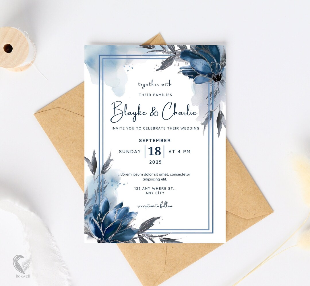 Printable Navy Blue Floral Wedding Invite, Silver Accent, Editable 5x7 ...