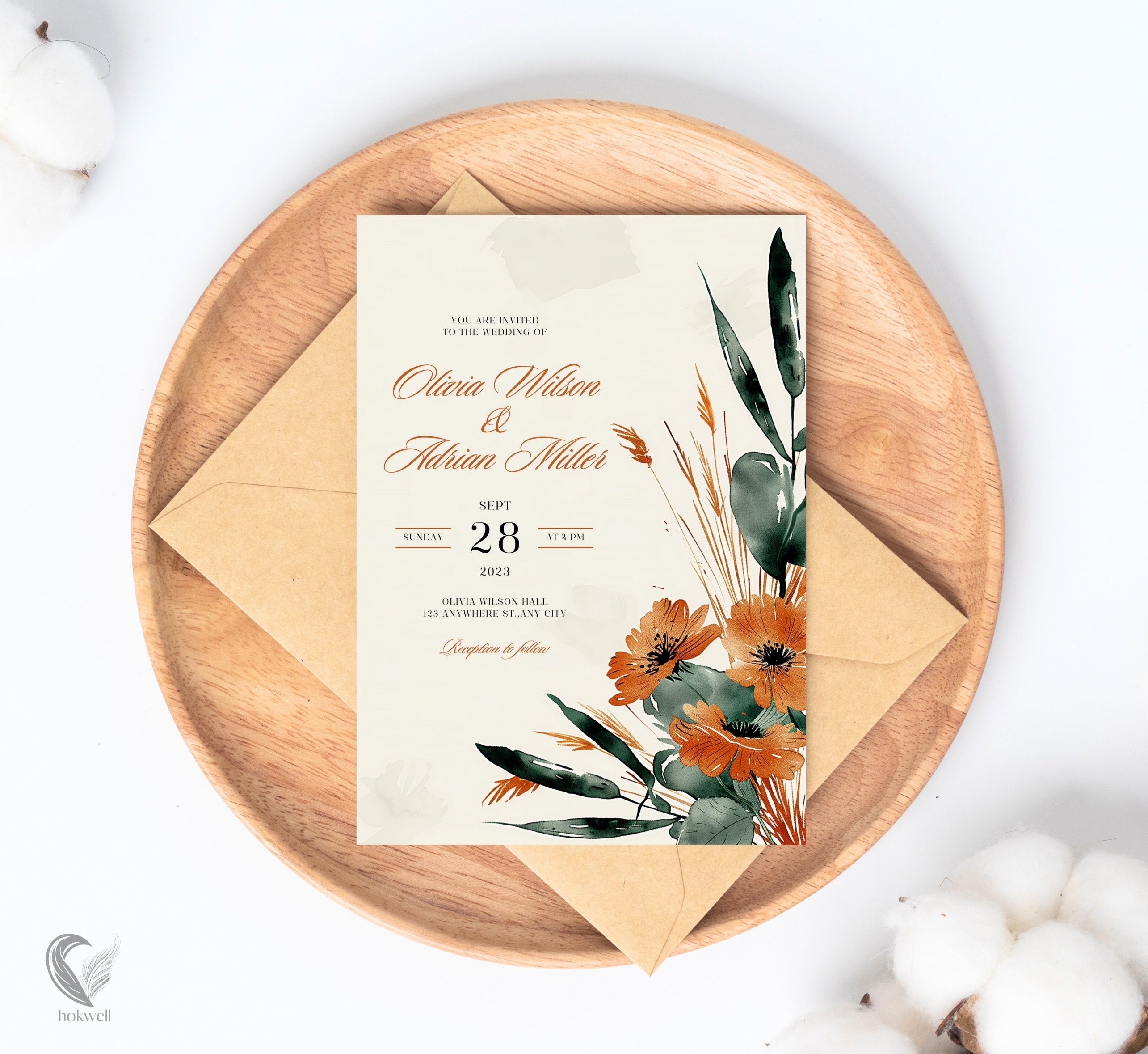 Boho Wedding Invitation, Burnt Orange and Emerald Green Floral Invite ...