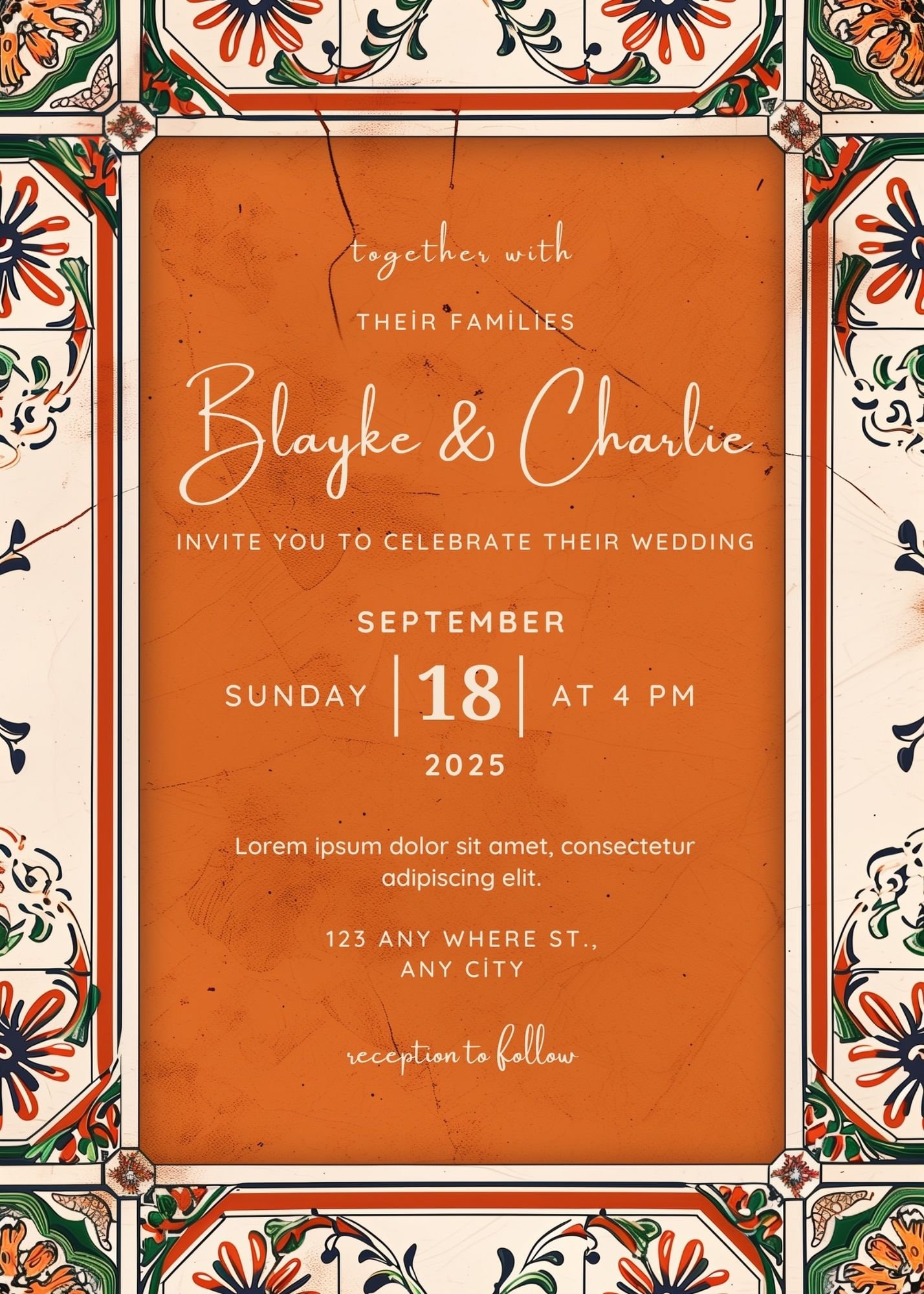 Mexican Terracotta Talavera Wedding Invitation, Colorful Floral Design ...
