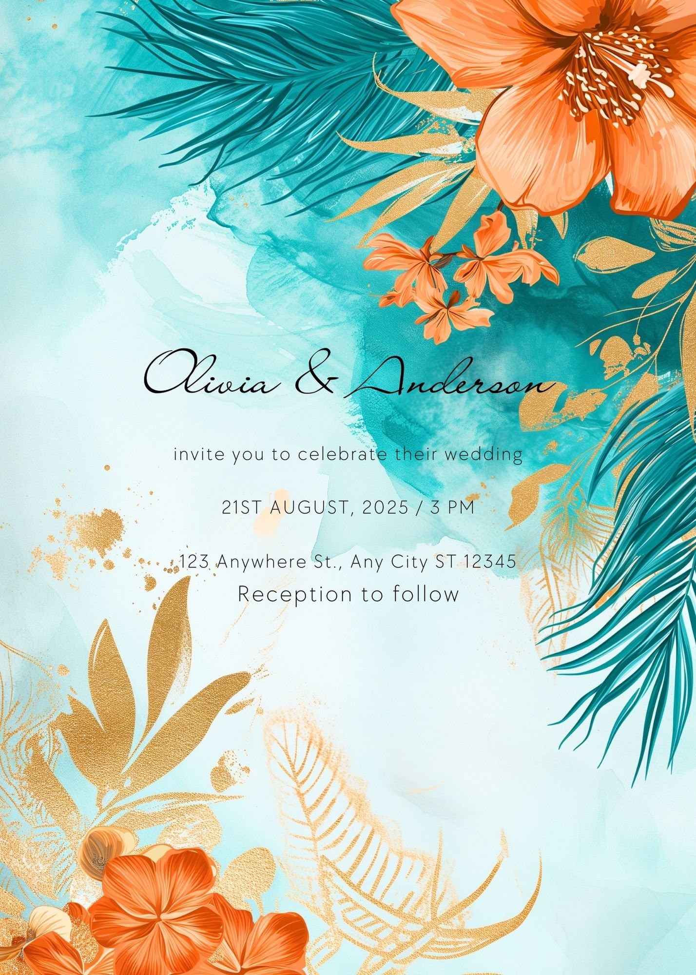 Tropical Teal & Coral Floral Wedding Invite, Editable 5x7 Invitation ...