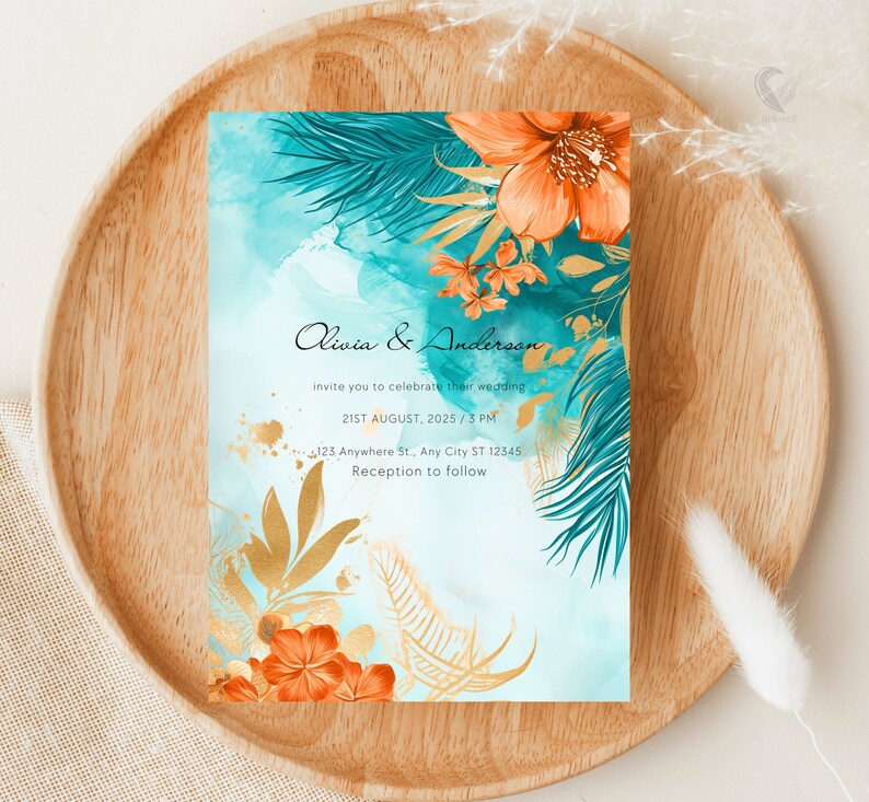 Tropical Teal & Coral Floral Wedding Invite, Editable 5x7 Invitation ...