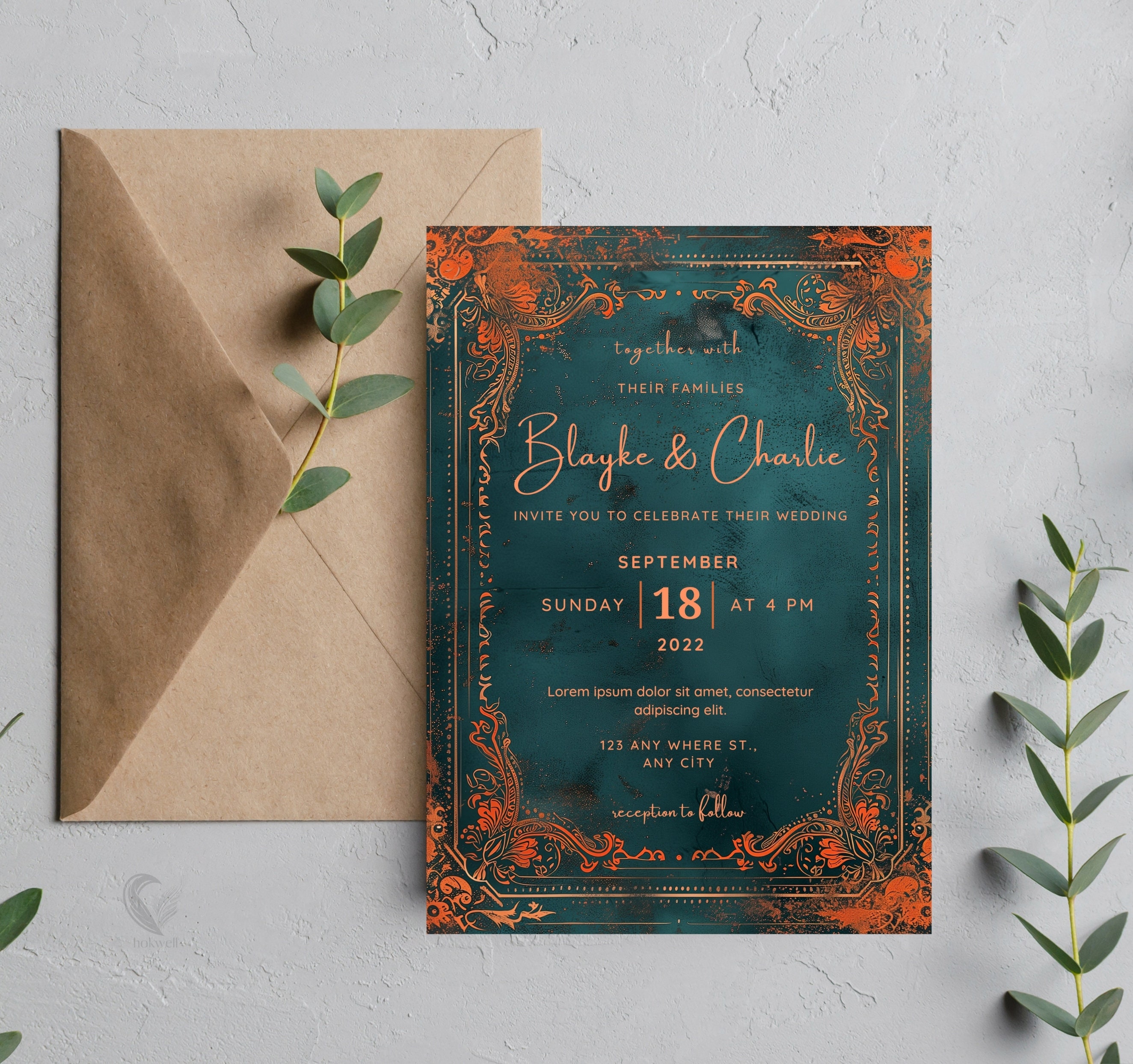 Teal & Burnt Orange Boho Wedding Invite, 5x7 Ornate Floral Digital ...