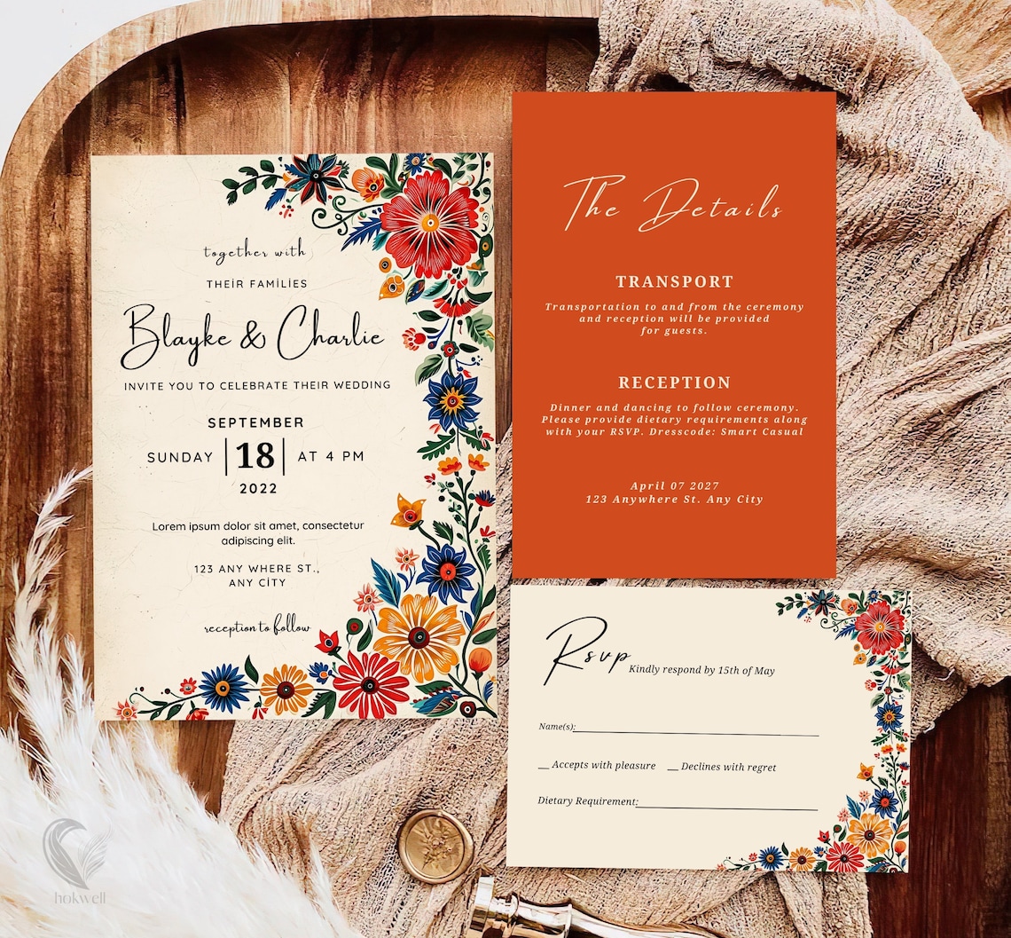 Boho Chic Talavera Tile Wedding Invitation Suite 5x7 Editable, Vibrant ...