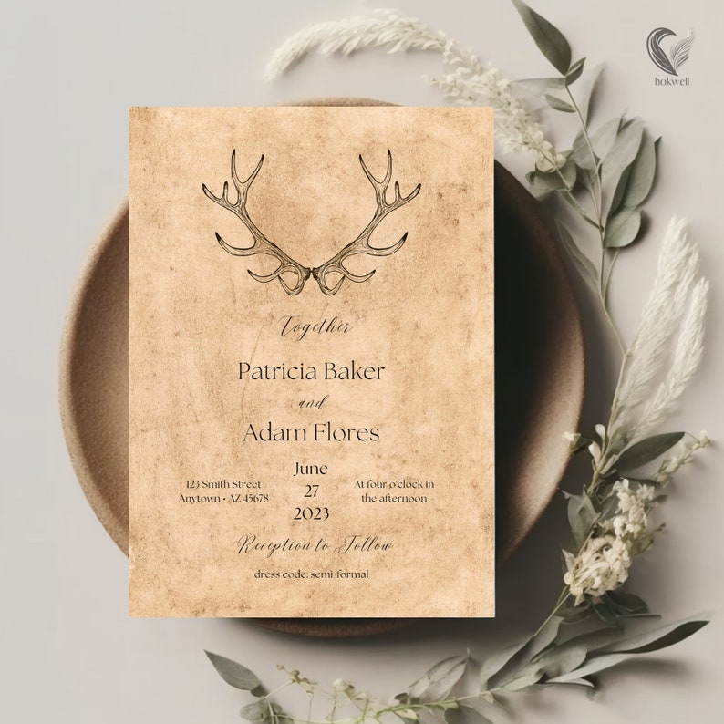 Deer Antler Wedding Invitations Template, Boho Fall Antler Wedding Invite, Printable Autumn Deer ...