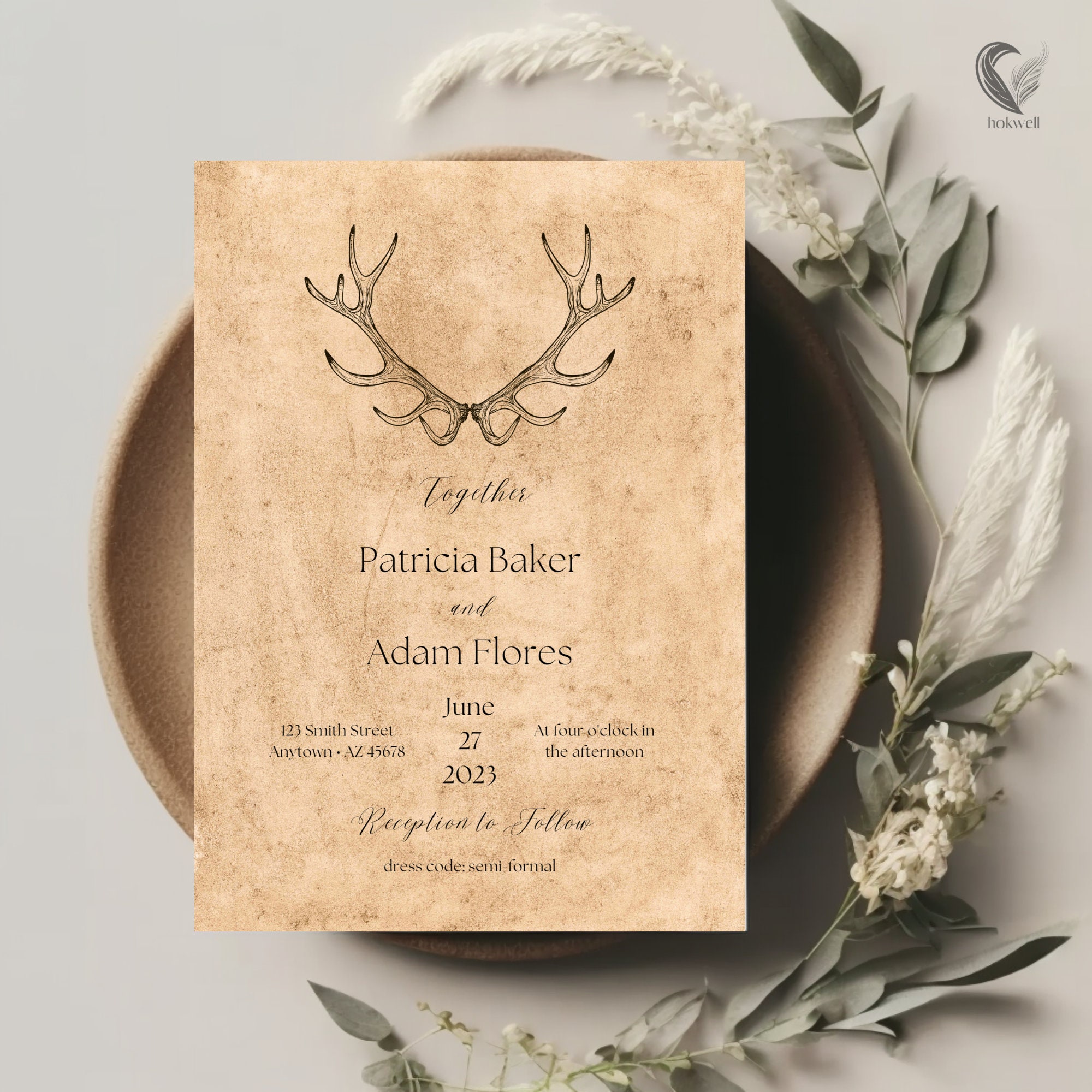 Deer Antler Wedding Invitations Template: Rustic Autumn Design (PDF) - Etsy