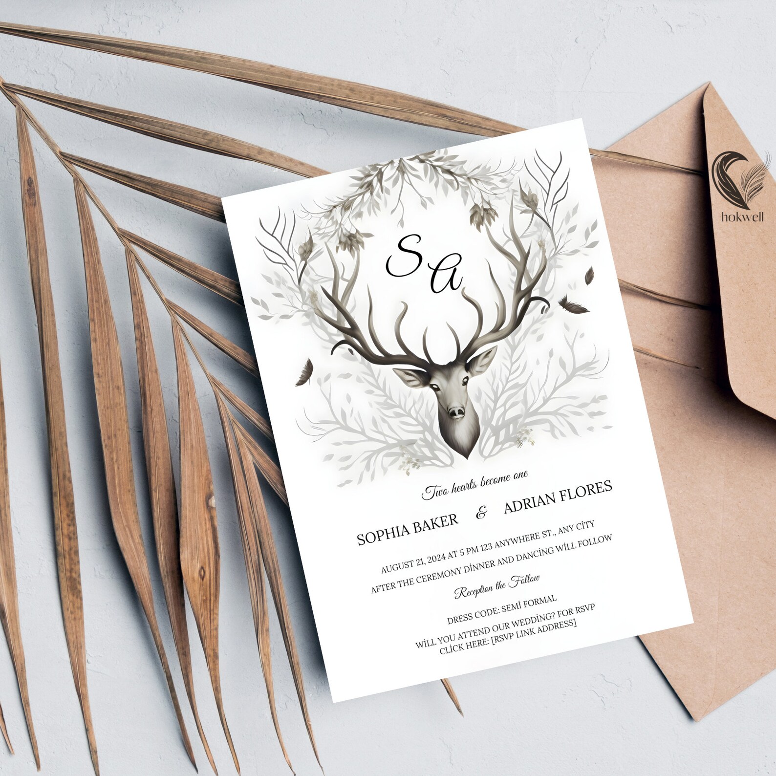 Deer Antler Wedding Invitations Template: Boho Floral Design - Etsy