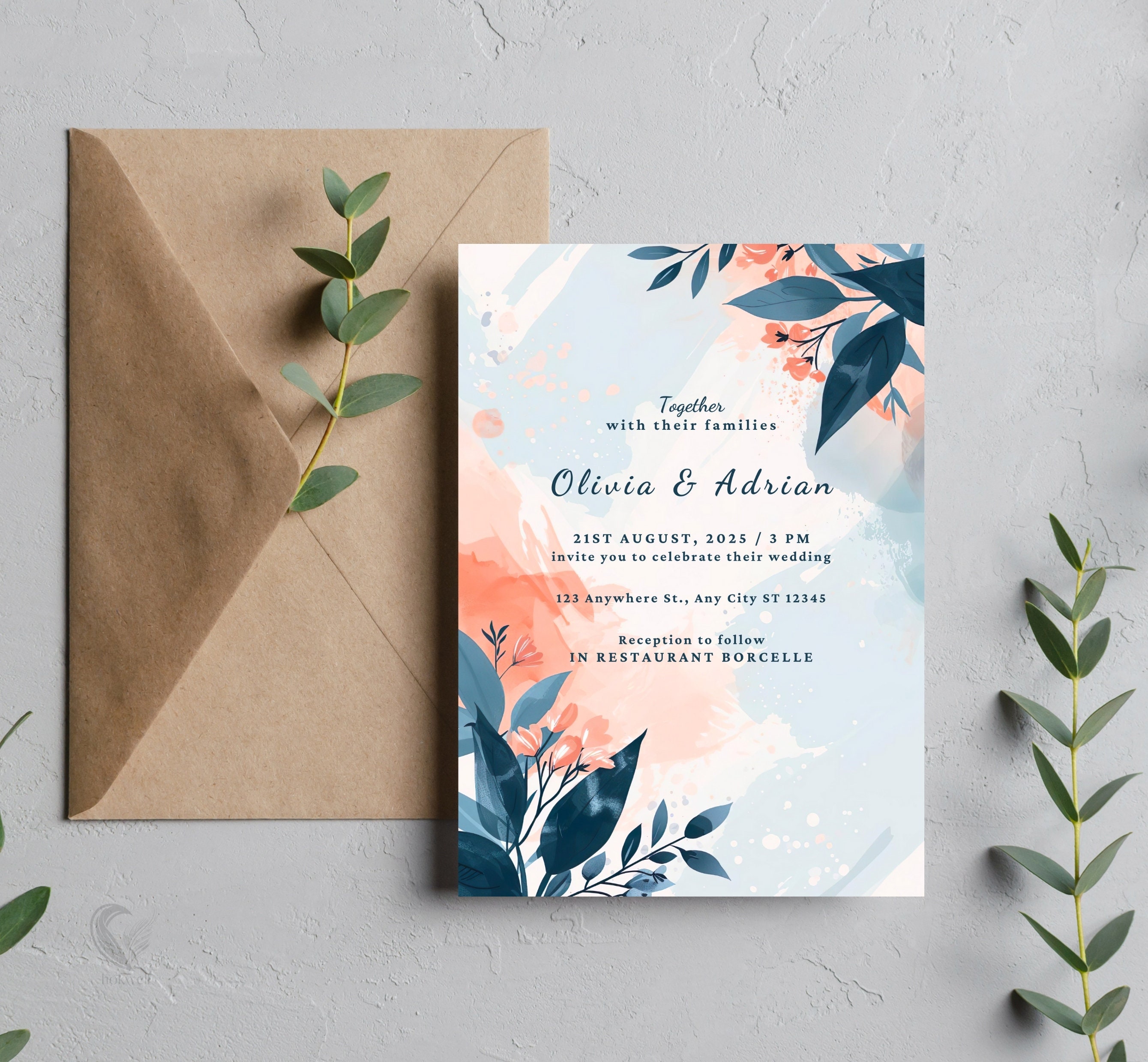Navy & Coral Floral Design, Printable Wedding Invite, 5x7 Editable ...