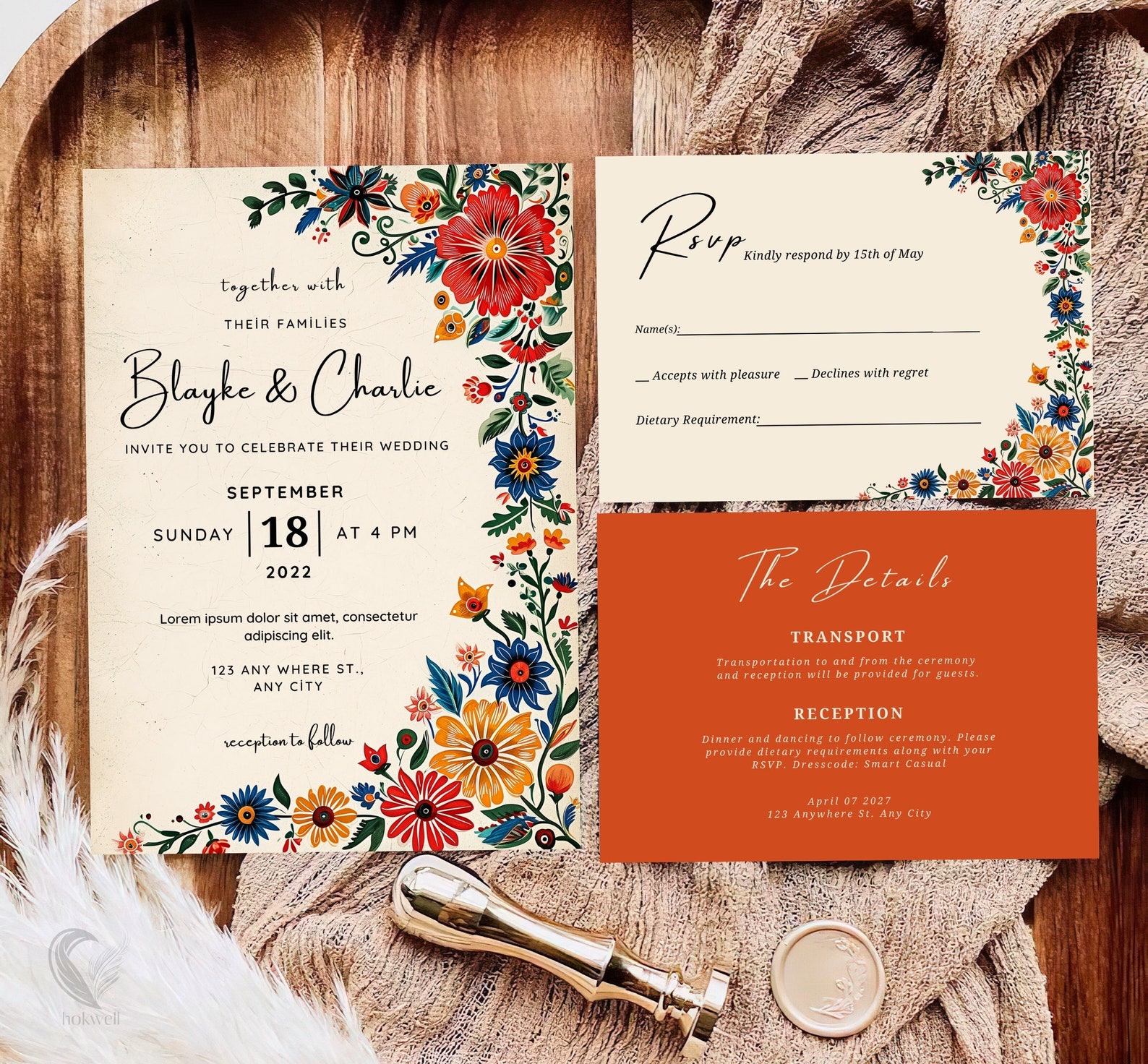 Boho Chic Talavera Tile Wedding Invitation Suite 5x7 Editable, Vibrant ...