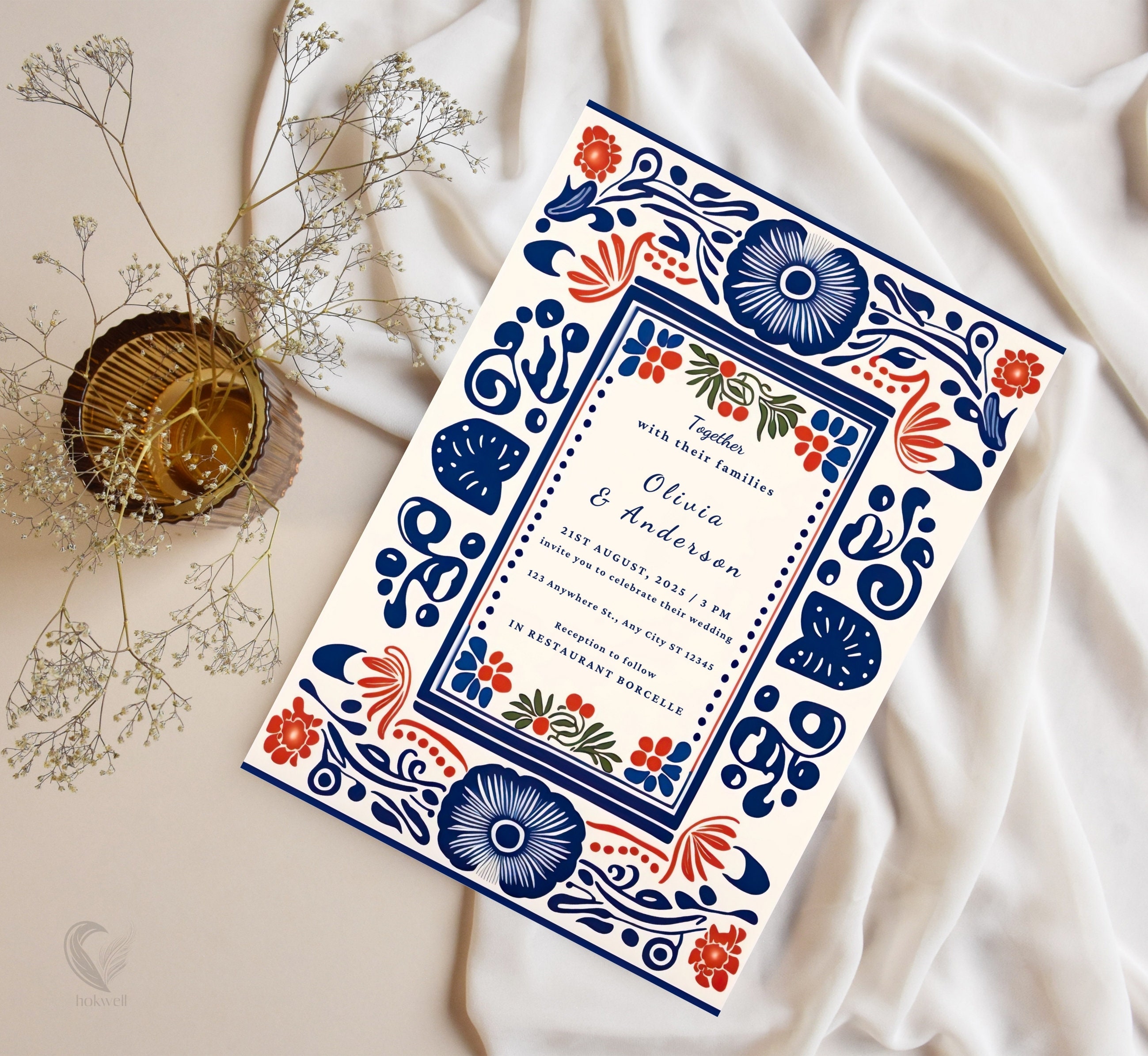 Blue & Red Talavera Tile Inspired Wedding Invite 5x7 Elegant Digital ...