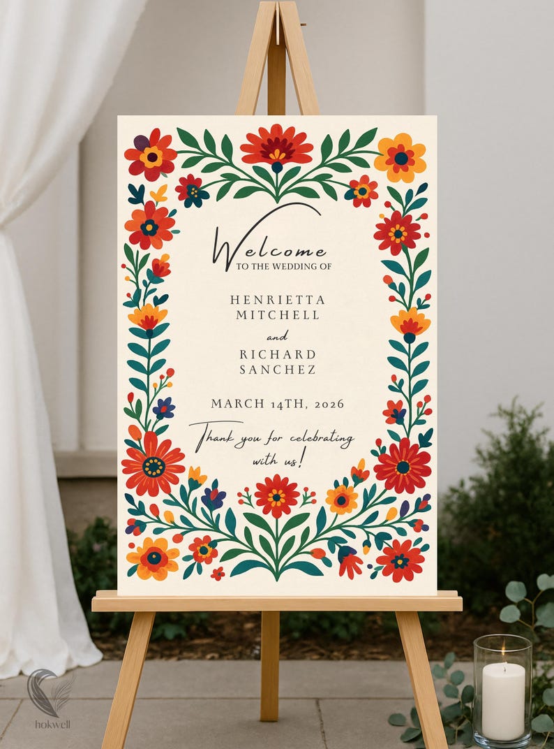 Mexican Wedding Welcome Sign, Talavera Floral Fiesta Sign, Red and ...