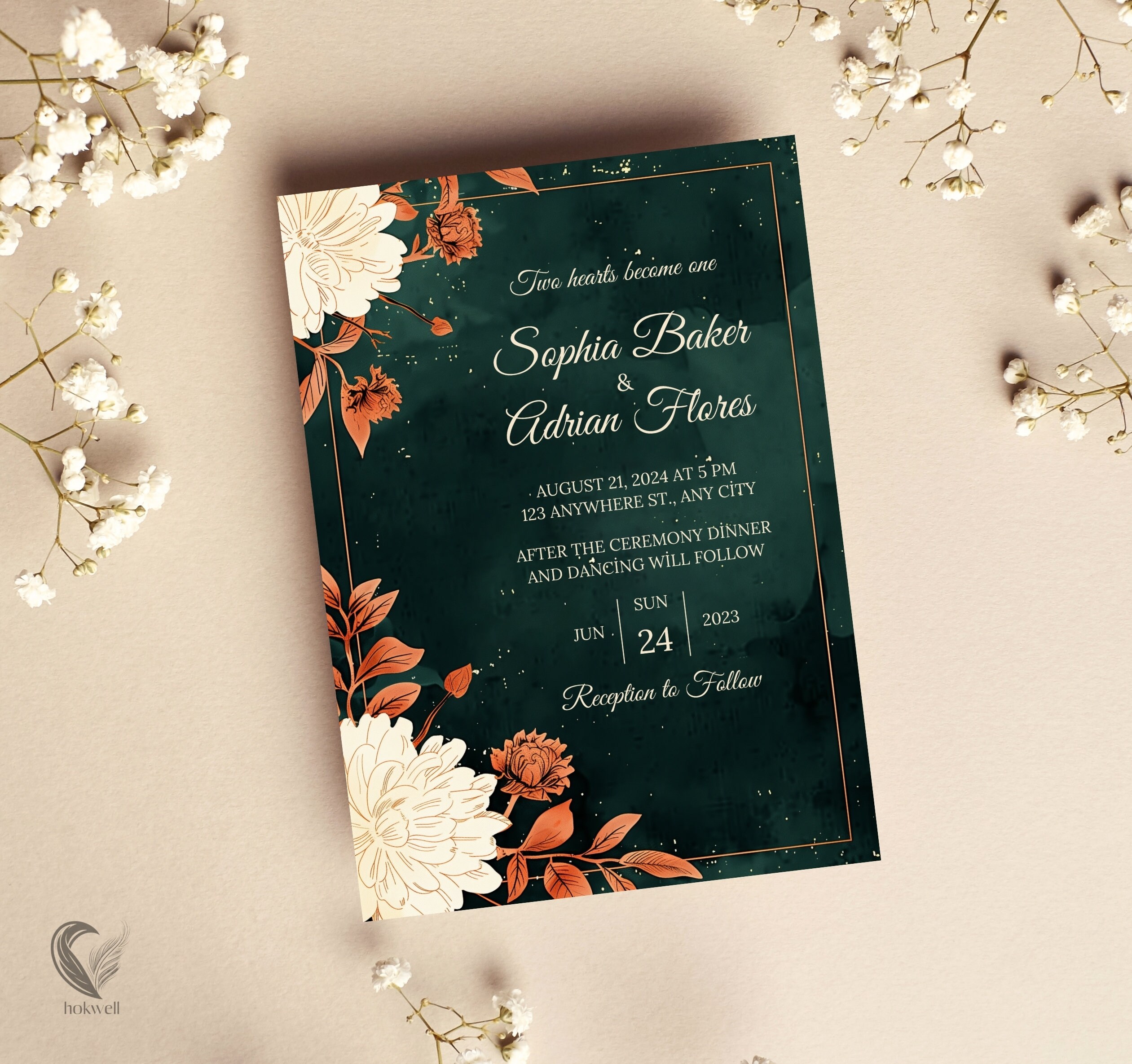 Elegant Dark Green Wedding Invitation, Floral Rust and Cream Invites ...