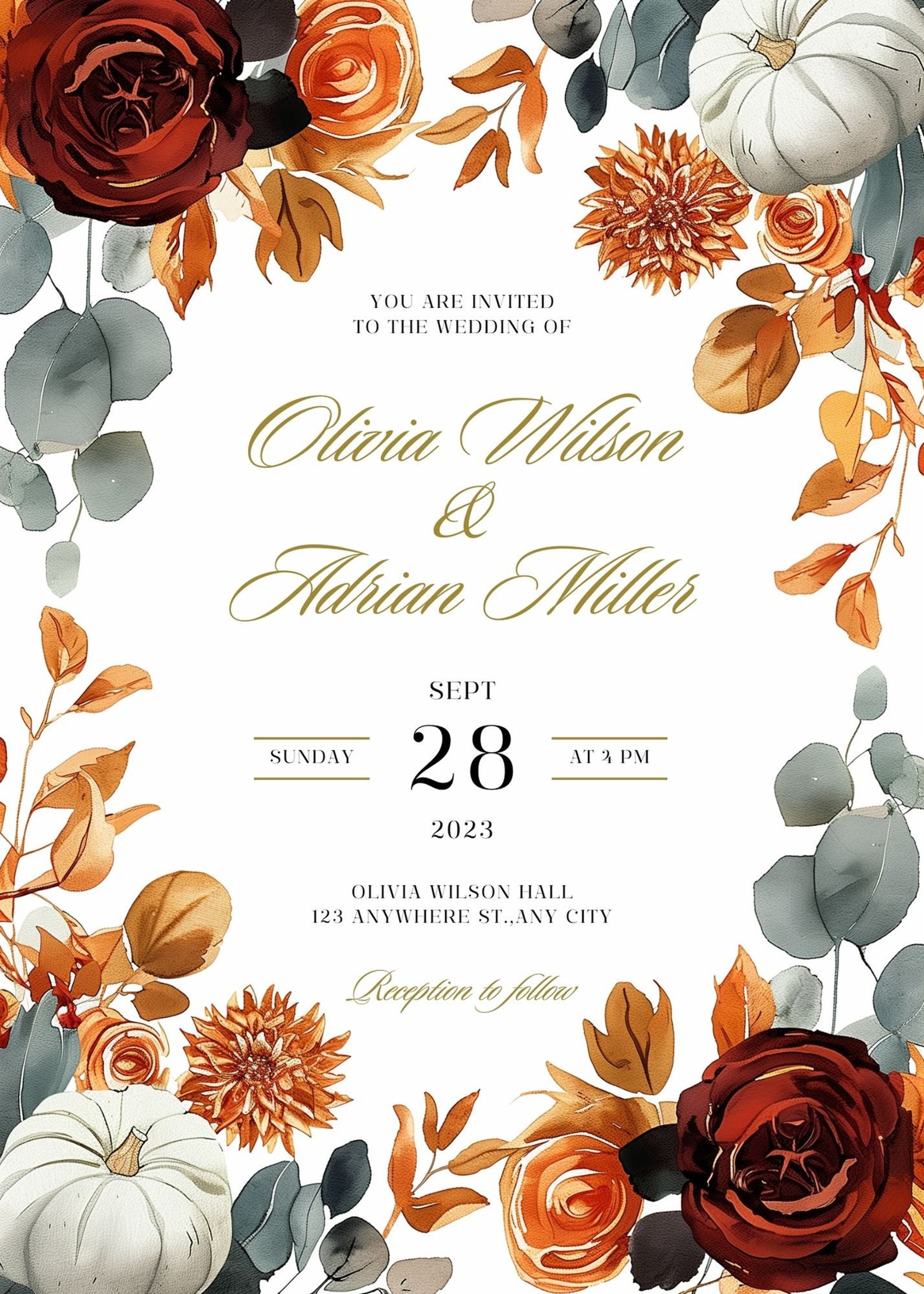 Rustic Fall Wedding Invitation, Autumn Floral Invite, Burgundy and ...