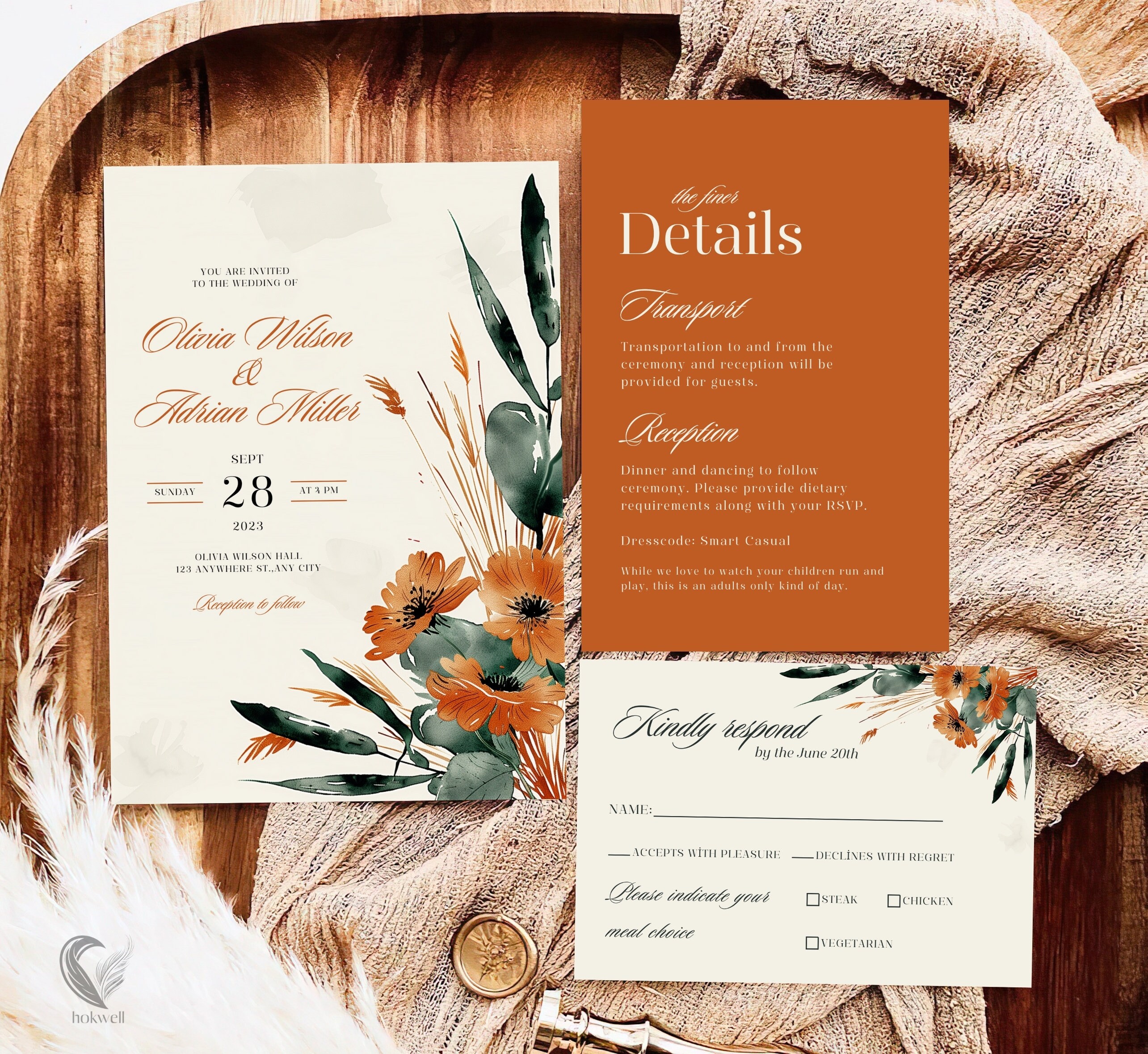 Boho Wedding Invitation, Burnt Orange and Emerald Green Floral Invite ...