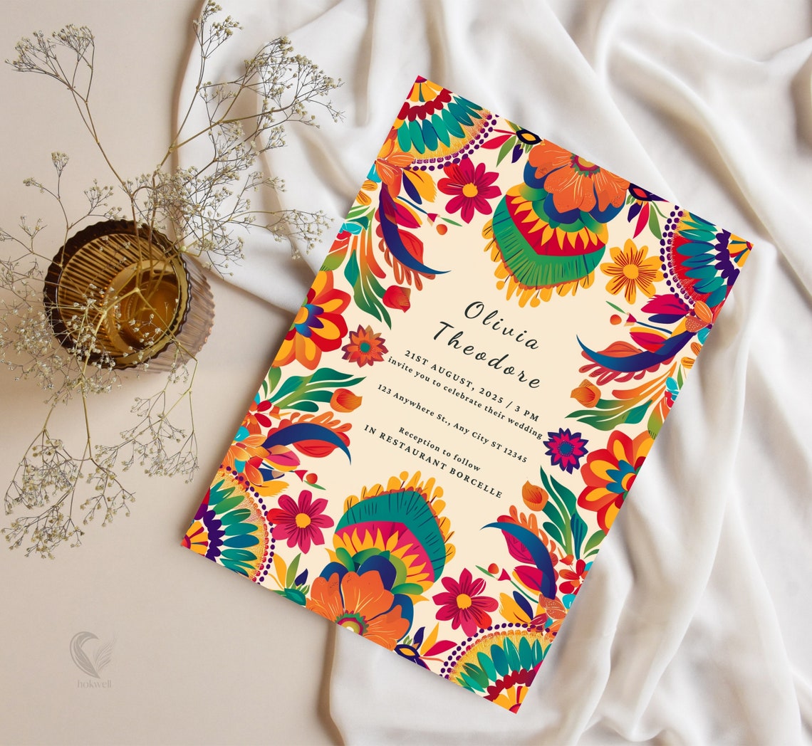 Customizable Fiesta Wedding Invitation Design Vibrant Floral Mexican ...