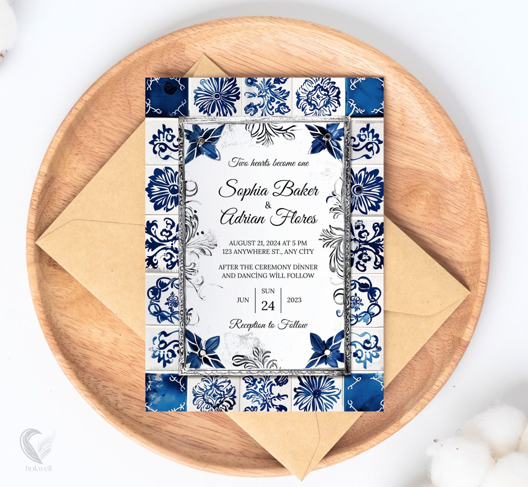 Blue & White Talavera Tile Wedding Invitation Template, DIY 5x7 ...
