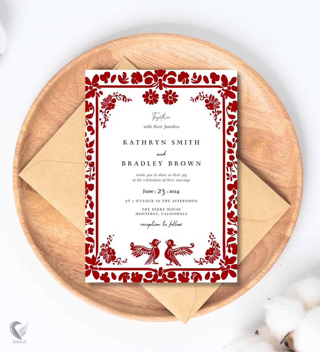 Mexican Wedding Invitation, Red and White Folk Art Invite, Talavera ...