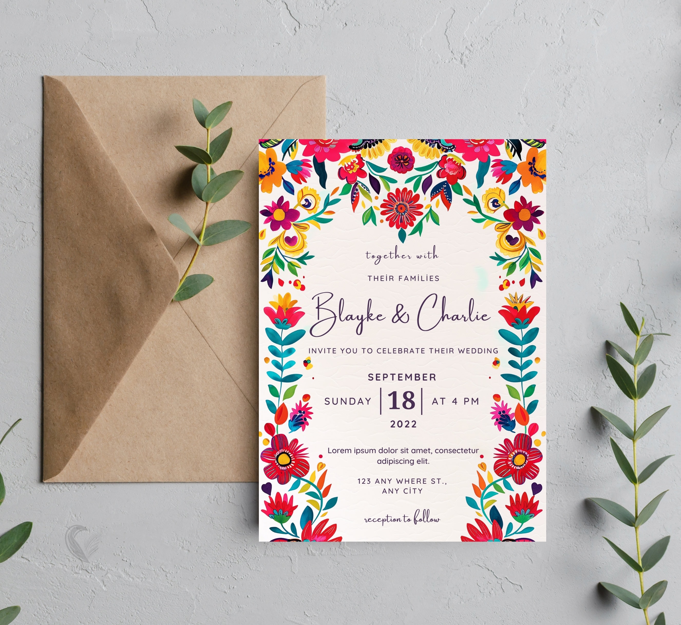 Colorful Fiesta Themed Wedding Invite, Editable 5x7 Digital Download ...
