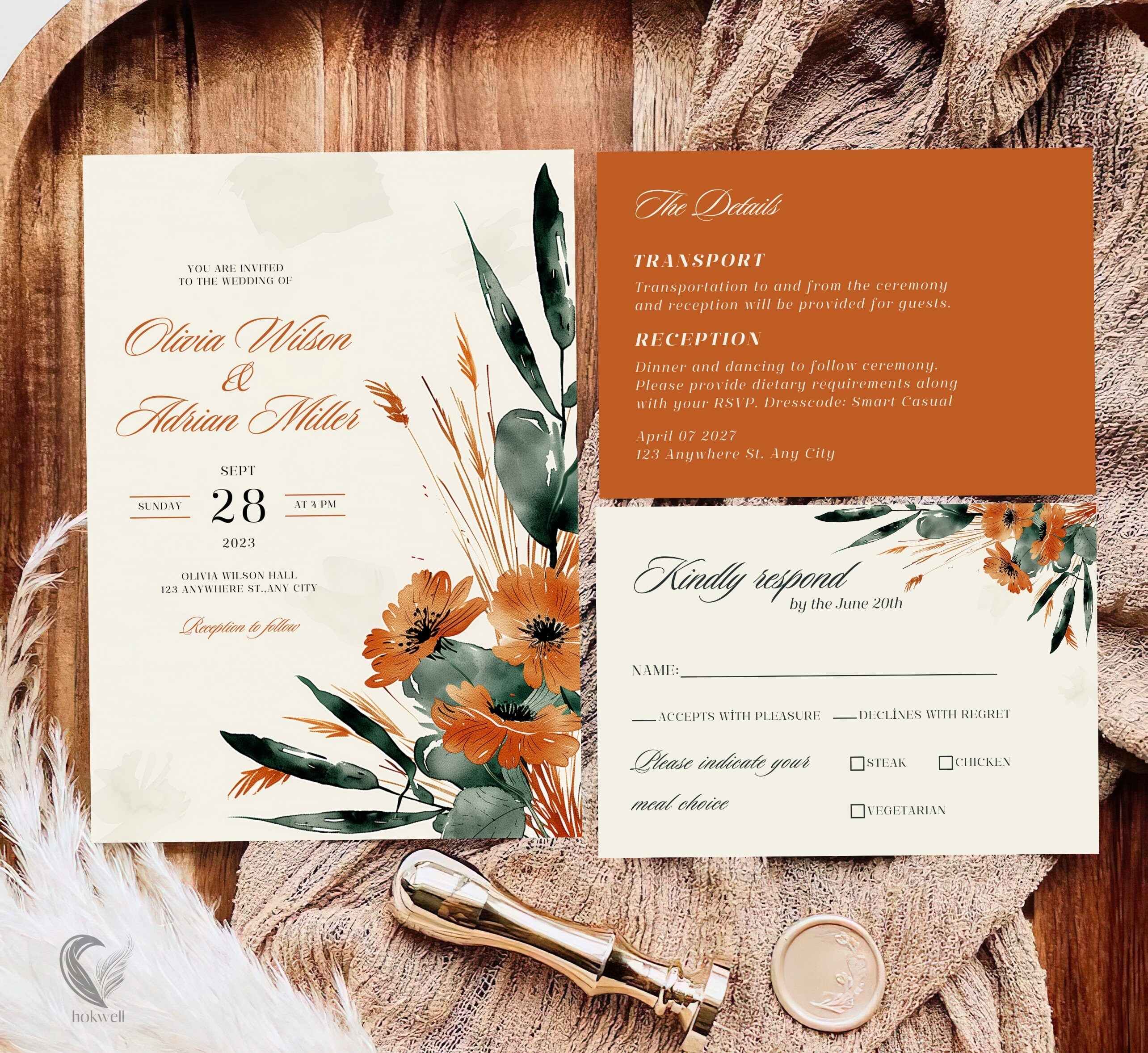 Boho Wedding Invitation, Burnt Orange and Emerald Green Floral Invite ...