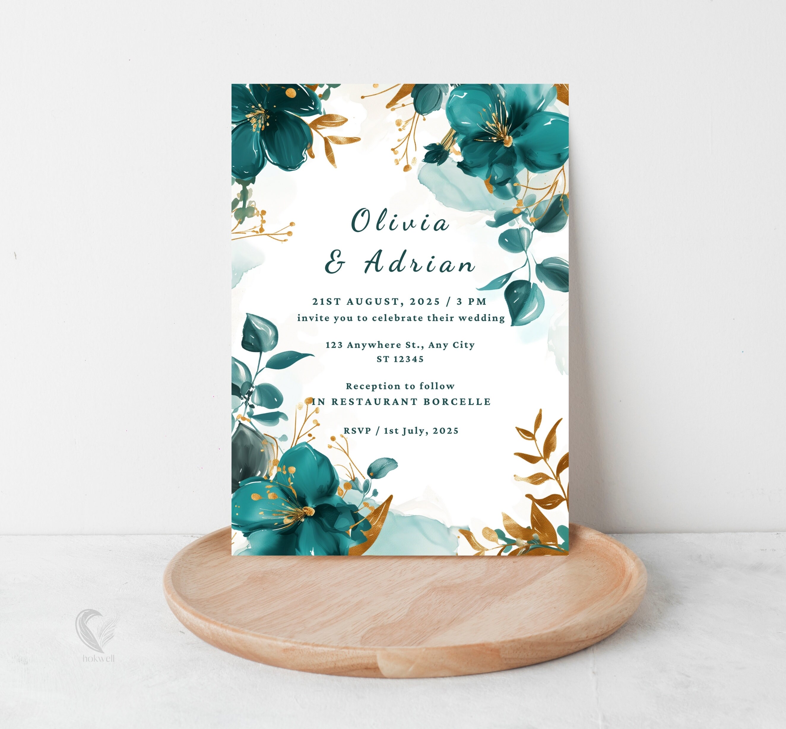 Printable Teal & Gold Wedding Invitation Template, 5x7 Editable Instant ...