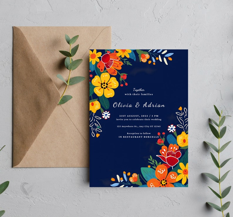 Blue Mexican Talavera Invitation Template, 5x7 Floral Printable Wedding ...