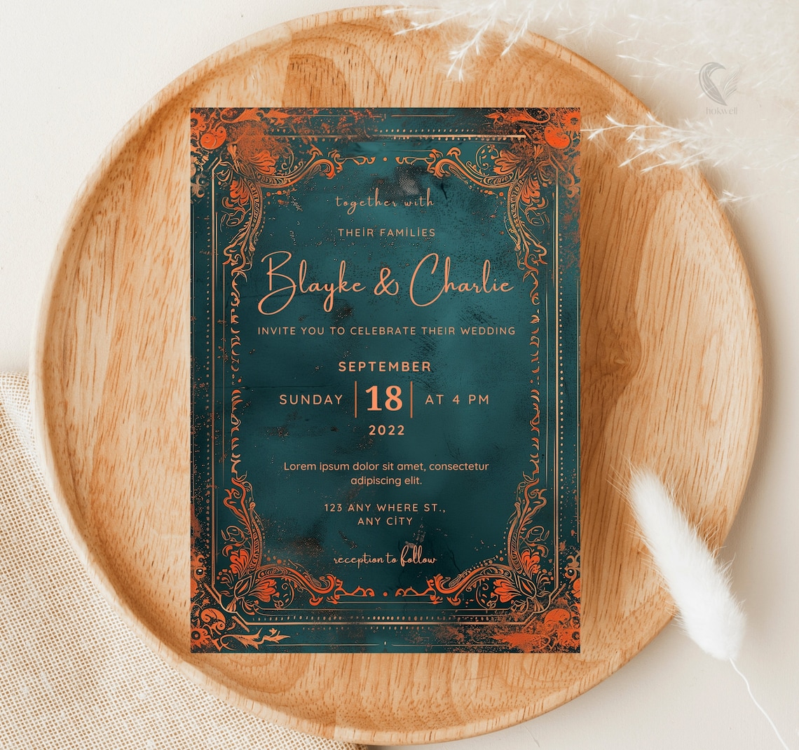 Teal & Burnt Orange Boho Wedding Invite, 5x7 Ornate Floral Digital ...