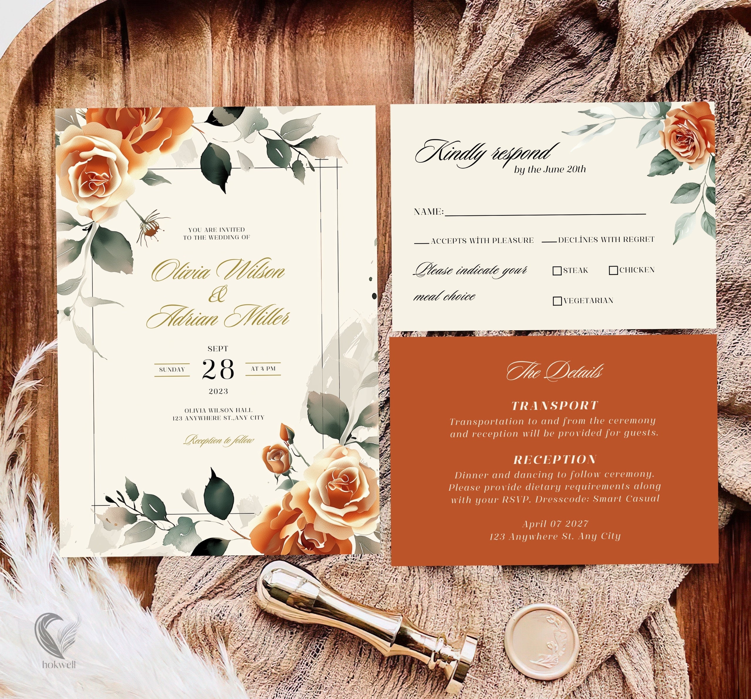 Rustic Boho Wedding Invitation, Terracotta Floral Invite, Orange and ...