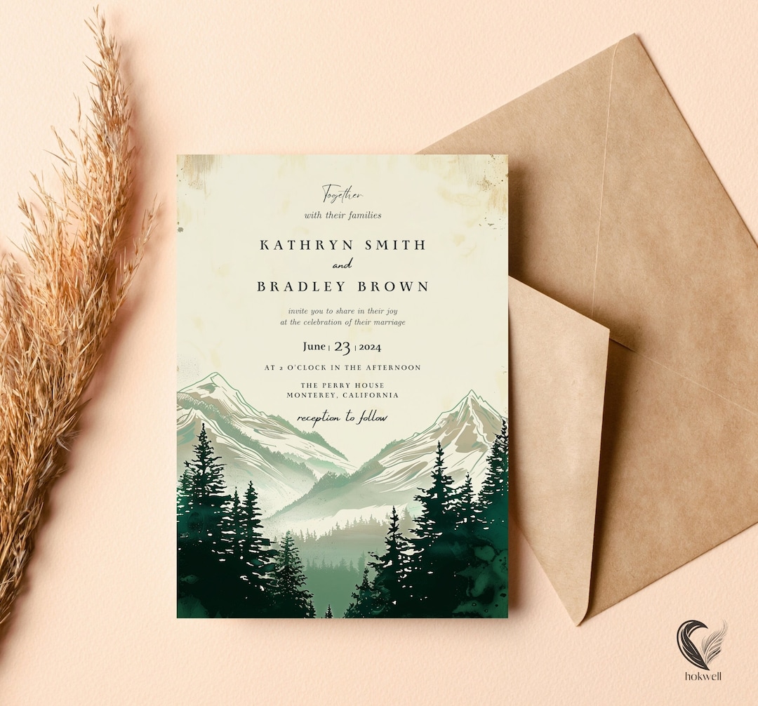 Mountain Wedding Invitation: Rustic Forest Pine Tree Theme (canva Template) - Etsy