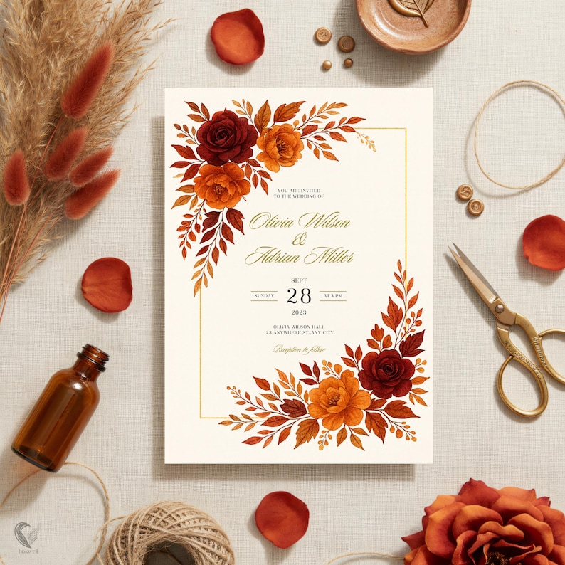 Terracotta Wedding Invitation, Burnt Orange and Rust Floral Invite ...