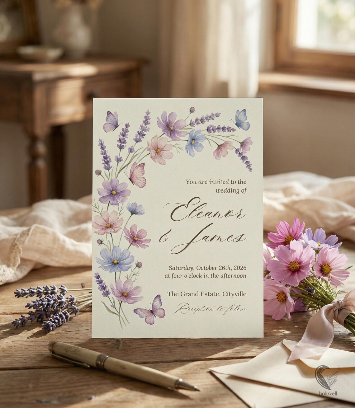 Invito di nozze con fiori di campo viola pastello, invito floreale con ...