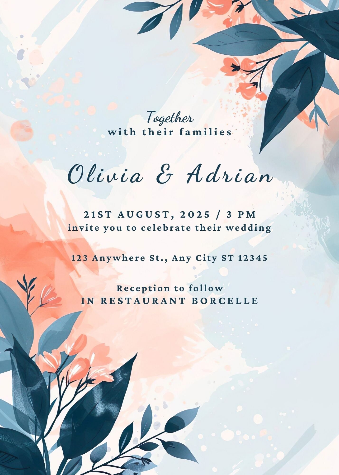 Navy & Coral Floral Design, Printable Wedding Invite, 5x7 Editable ...